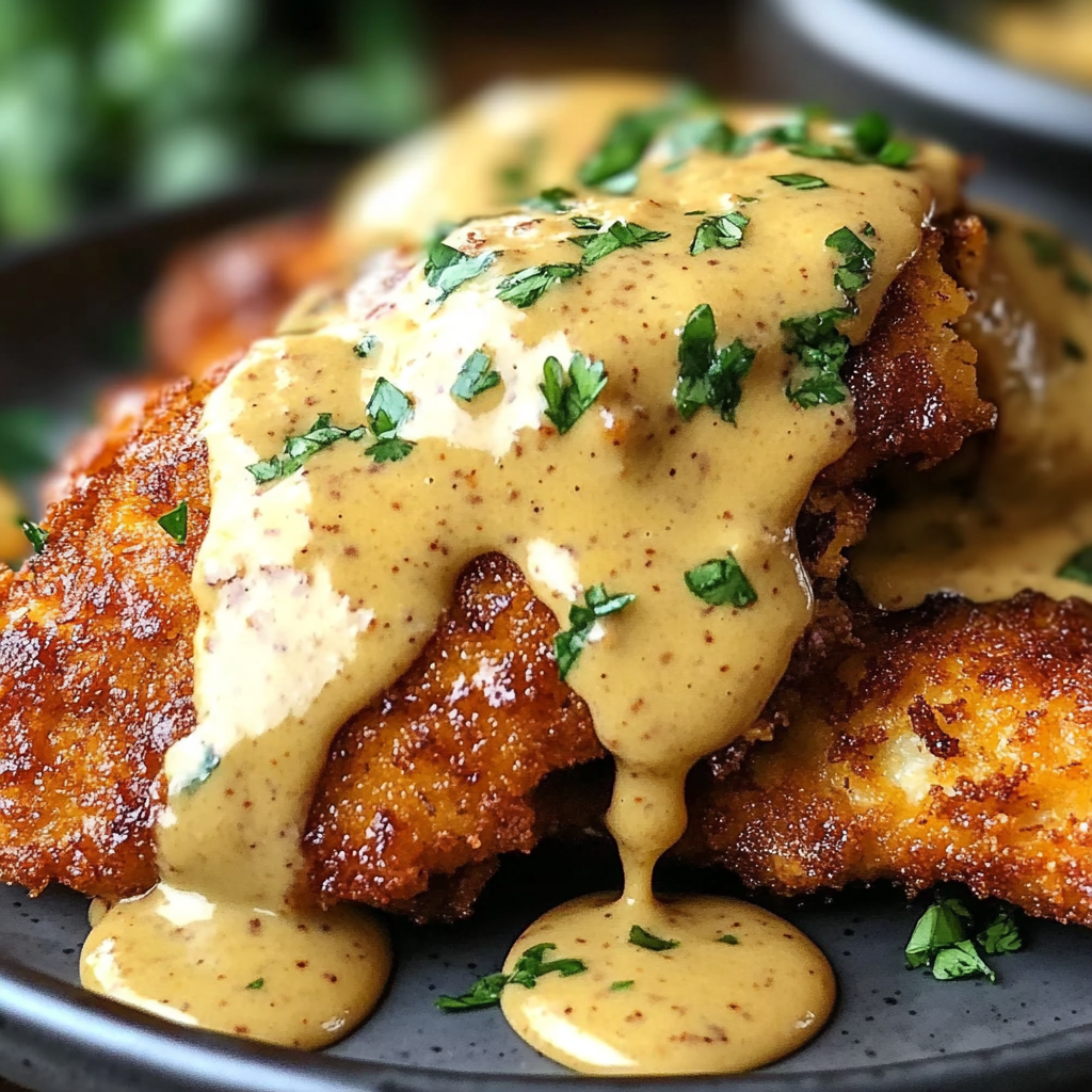 Pretzel Chicken with Mustard-Cheddar Sauce
